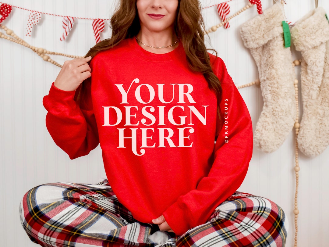 Gildan 18000 Christmas Mockup Sweatshirt in Red, G180 Holiday Crewneck ...