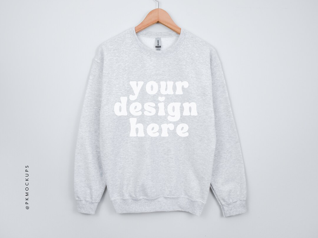 Gildan 18000 Ash Grey Mockup, Hanging Sweatshirt Mock Up, Simple G180 ...