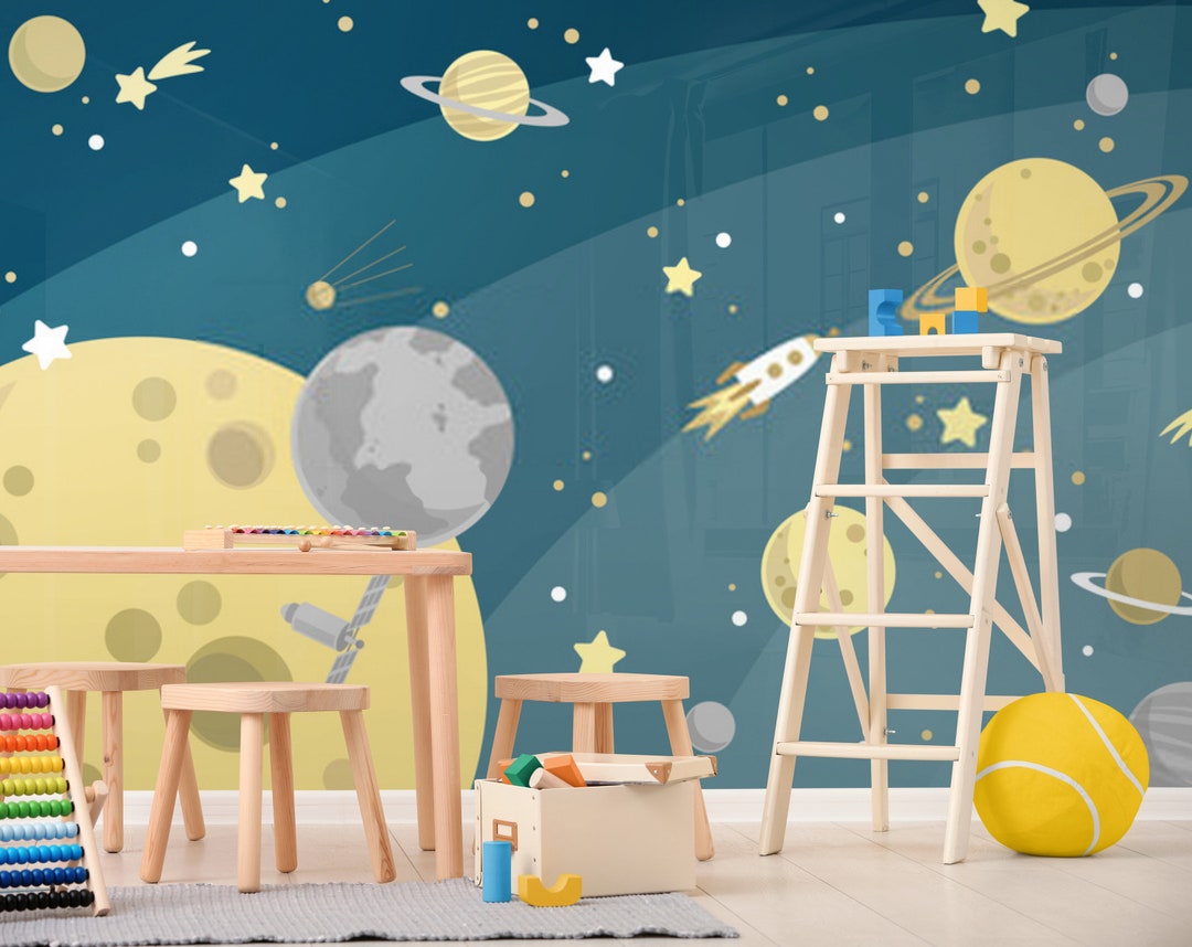 Kids Space Stars Wallpaper Planets Kids Room Wallpaper Nursery - Etsy