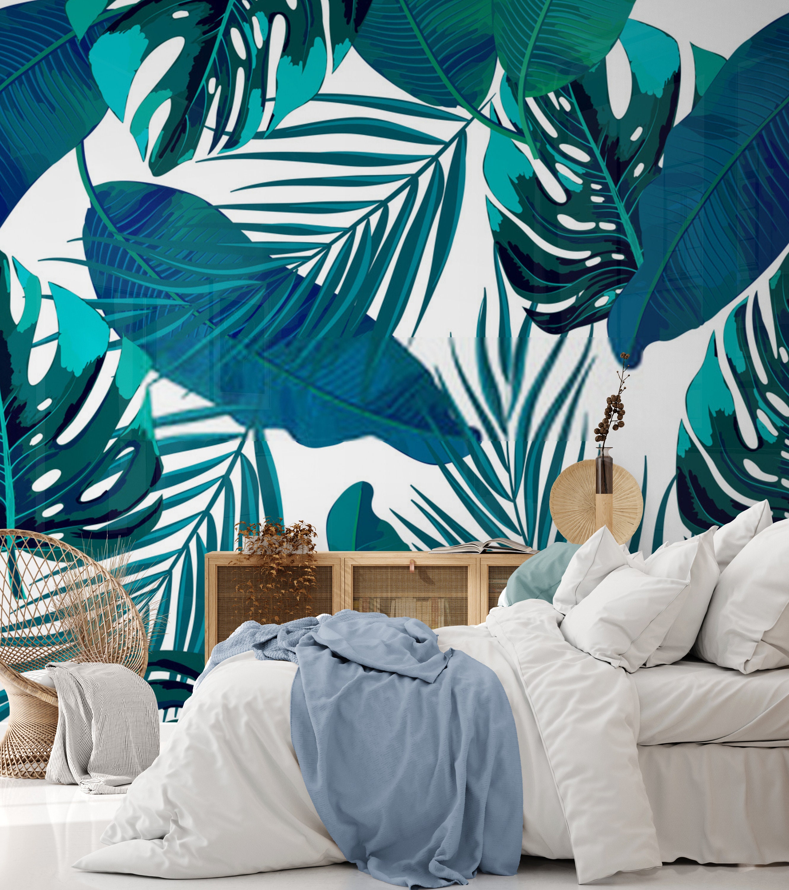 Tropical Wallpaper Blue Leaves Wall Mural Peel and Stick - Etsy