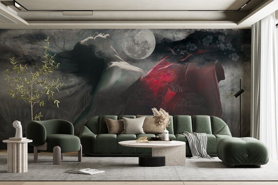 Beautiful Concrete Mural Wallpaper Girl and Moon Wall Decor | Etsy