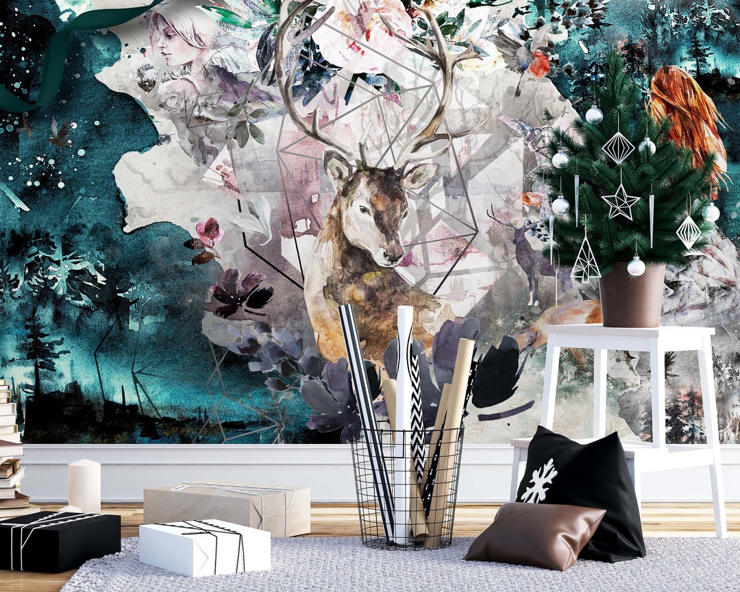 Forest Wallpaper-deer and Forest Wall Art-watercolor Wall Art-forest ...