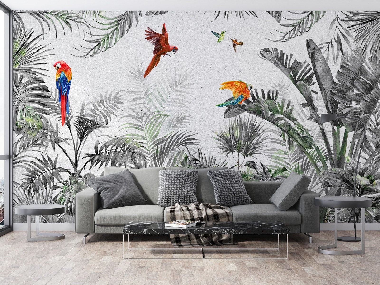 Tropical Forest Wallpaper Leaves and Birds Wall Mural Peel and - Etsy