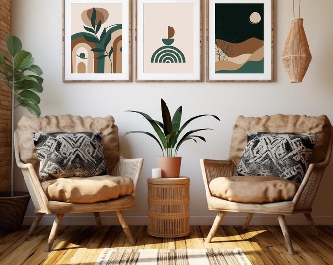 Boho Abstract Wall Art Prints, Boho Wall Decor, Set of 3 Prints, Scandi Art, Mid Century Prints ...