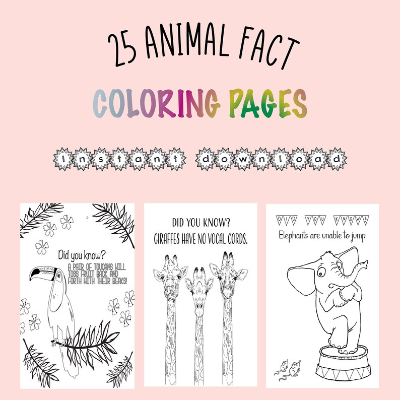 Printable Animal Fun Fact Coloring Book Pages L 25 Different Designs L ...