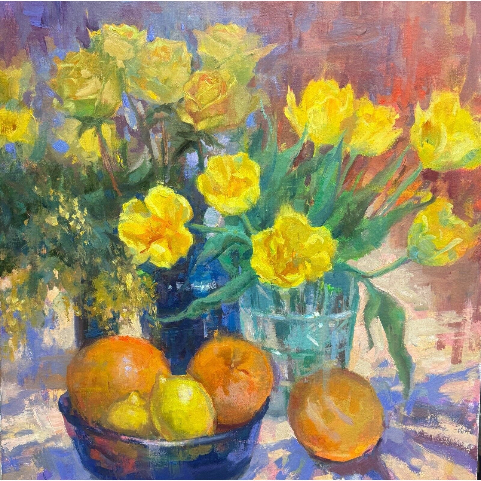 Yellow Flowers Art Floral Still Life Yellow Tulips Roses Original Still ...