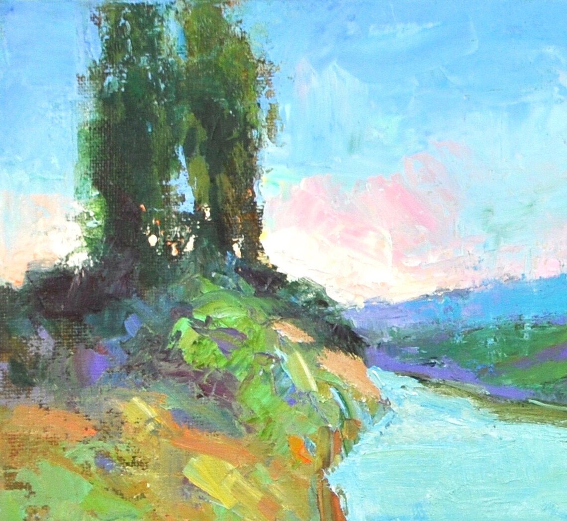 River Bank Painting Original Art Oil on Canvas Impressionism Landscape ...