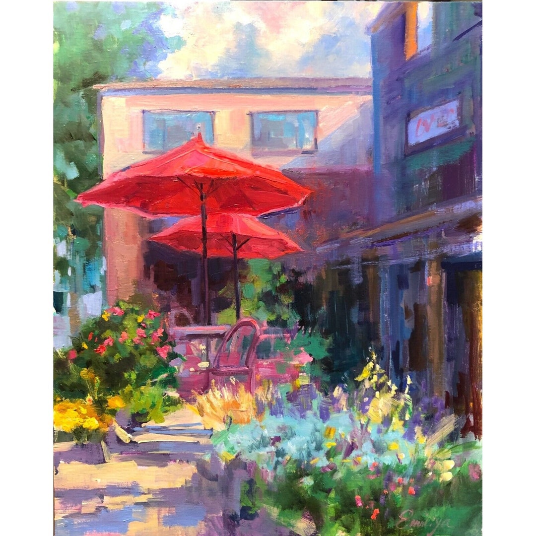 Morning Cafe Painting, Cityscape, Red Umbrellas, Impressionist Painting ...
