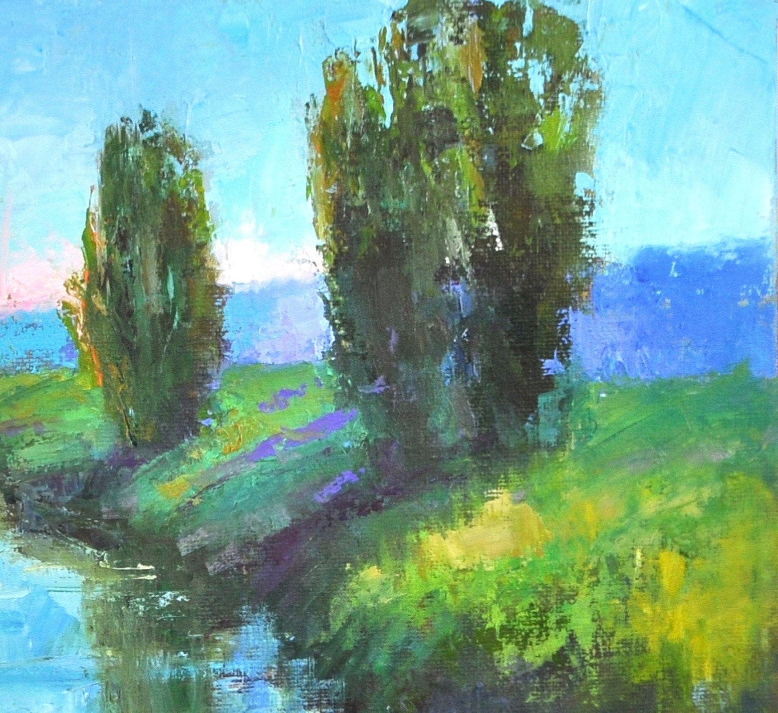 River Bank Painting Original Art Oil on Canvas Impressionism Landscape ...