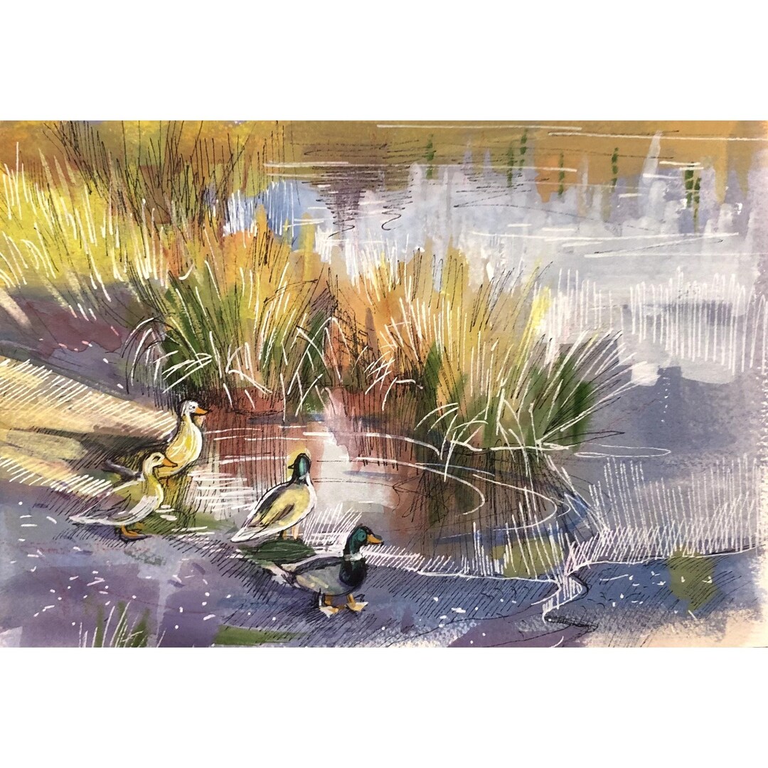 Morning Ducks Painting , Original Watercolor , Ink Impressionist Art ...