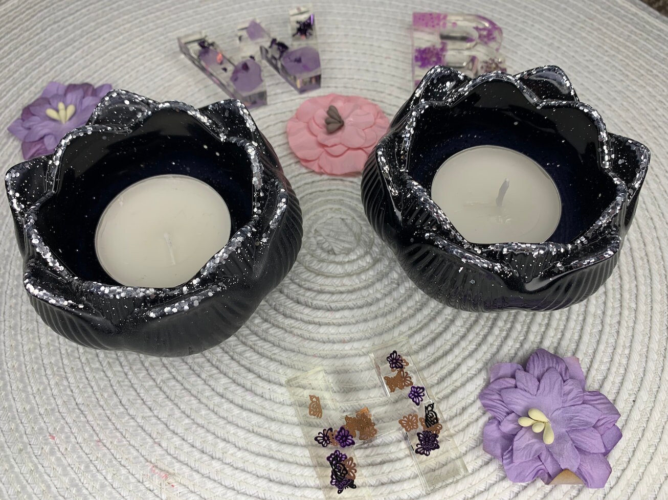 Resin Flower Tea Light Holders Epoxy Resin Flowers Black With Silver ...
