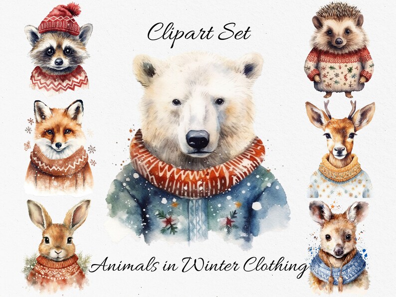 Animal in Winter Clothing Watercolor Clipart Bundle - Digital Download ...