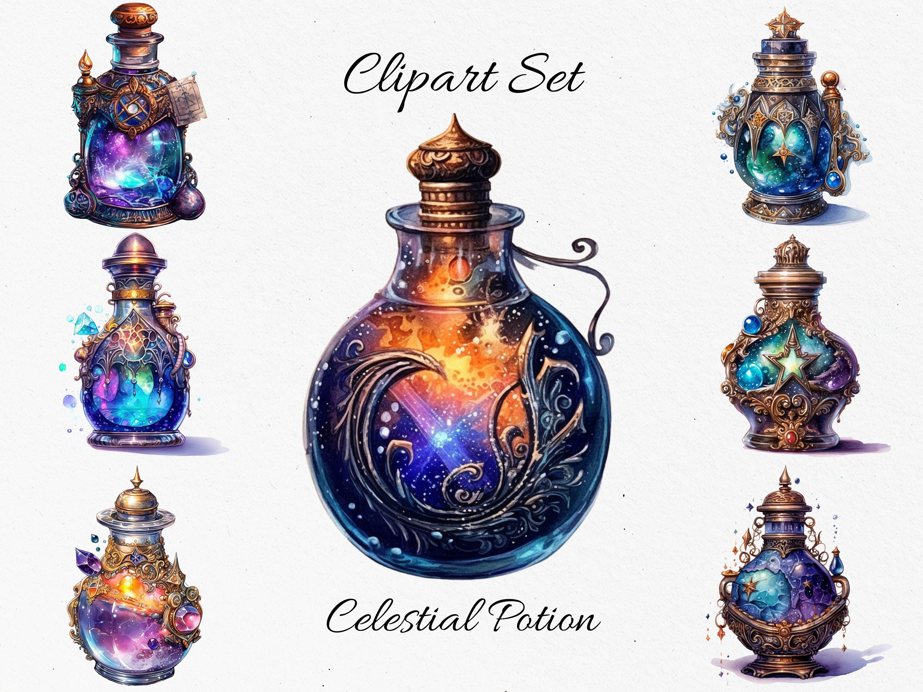Celestial Potion Bottles Watercolor Clipart Bundle Digital Download, Scrapbook Pngs - Etsy