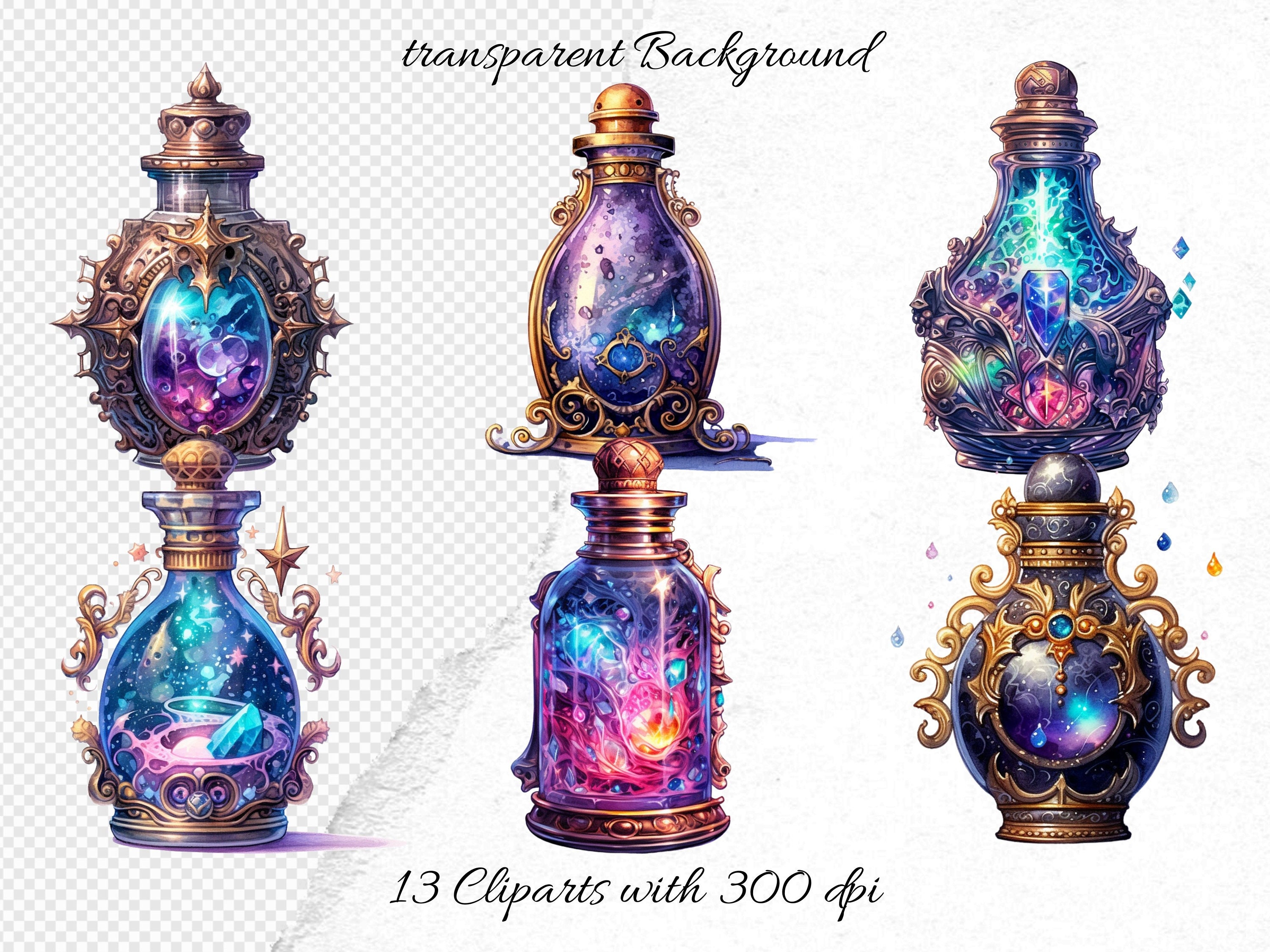 Celestial Potion Bottles Watercolor Clipart Bundle Digital Download, Scrapbook Pngs - Etsy