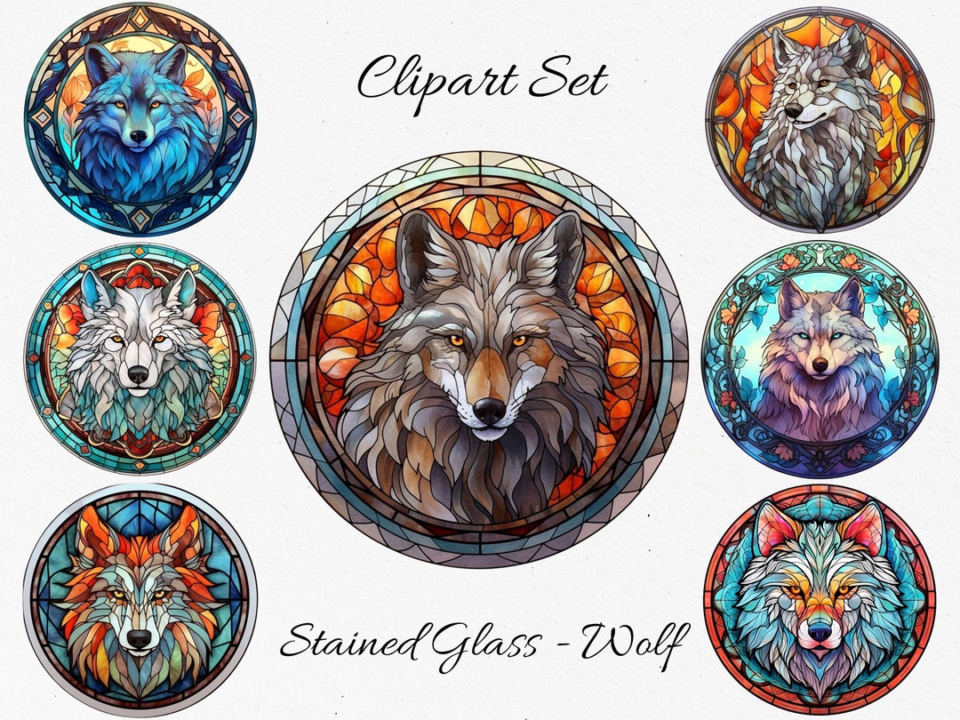 Stained Glass Wolf , Window Watercolor Clipart Bundle - Digital ...