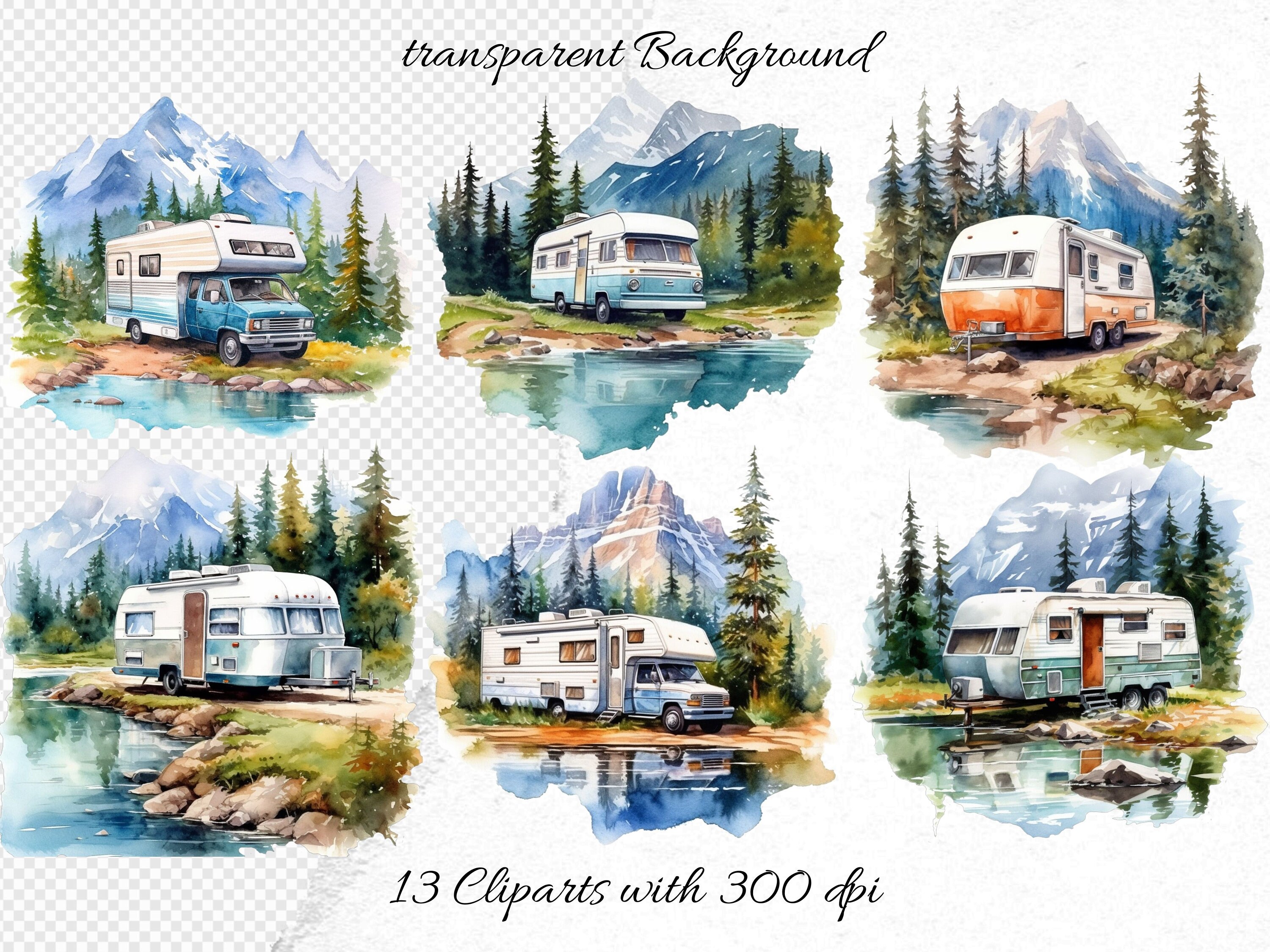 Camper Watercolor Clipart Bundle Digital Download, Scrapbook Pngs - Etsy