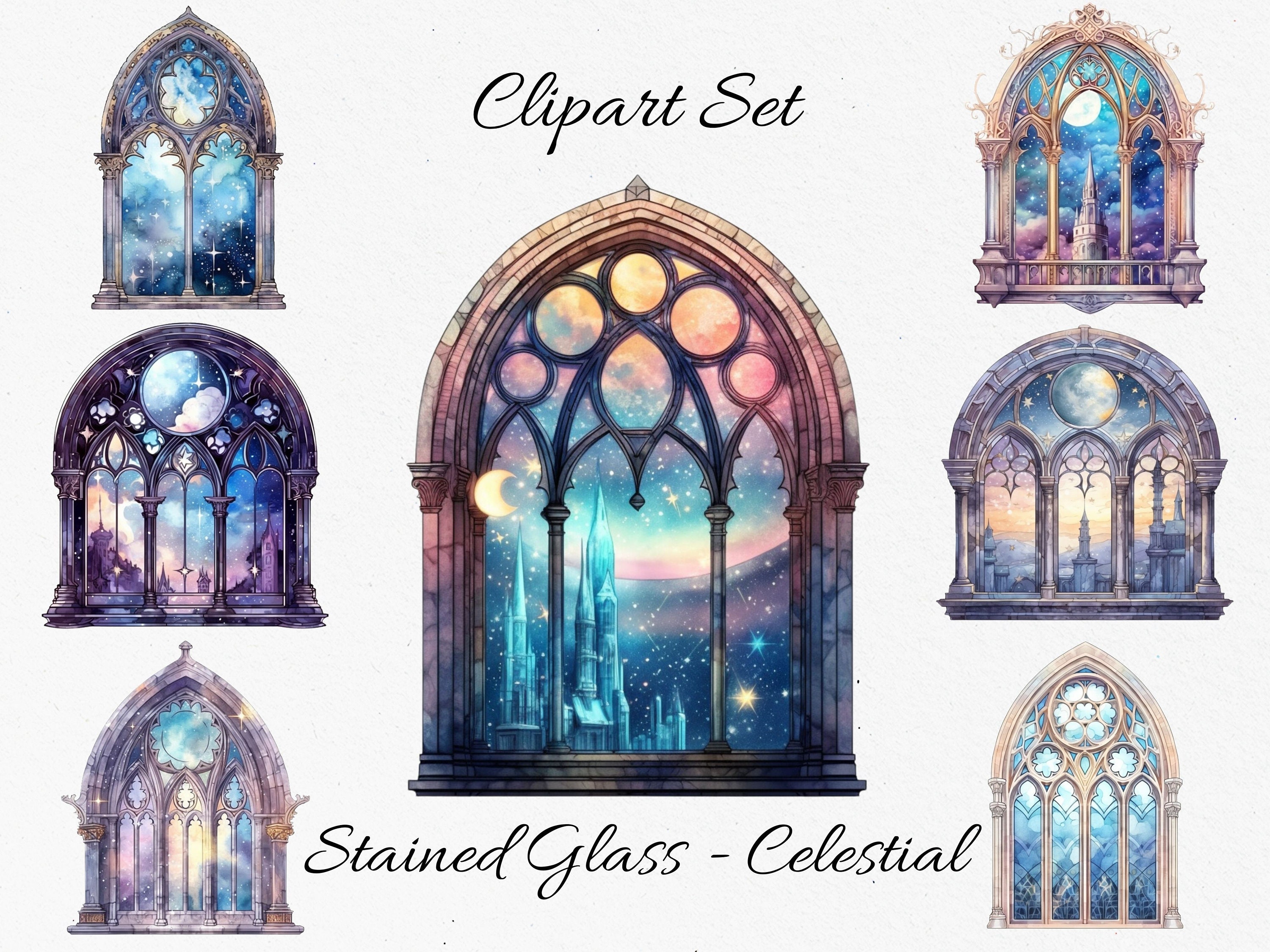 Stained Glass Celestial, Window Watercolor Clipart Bundle - Digital ...