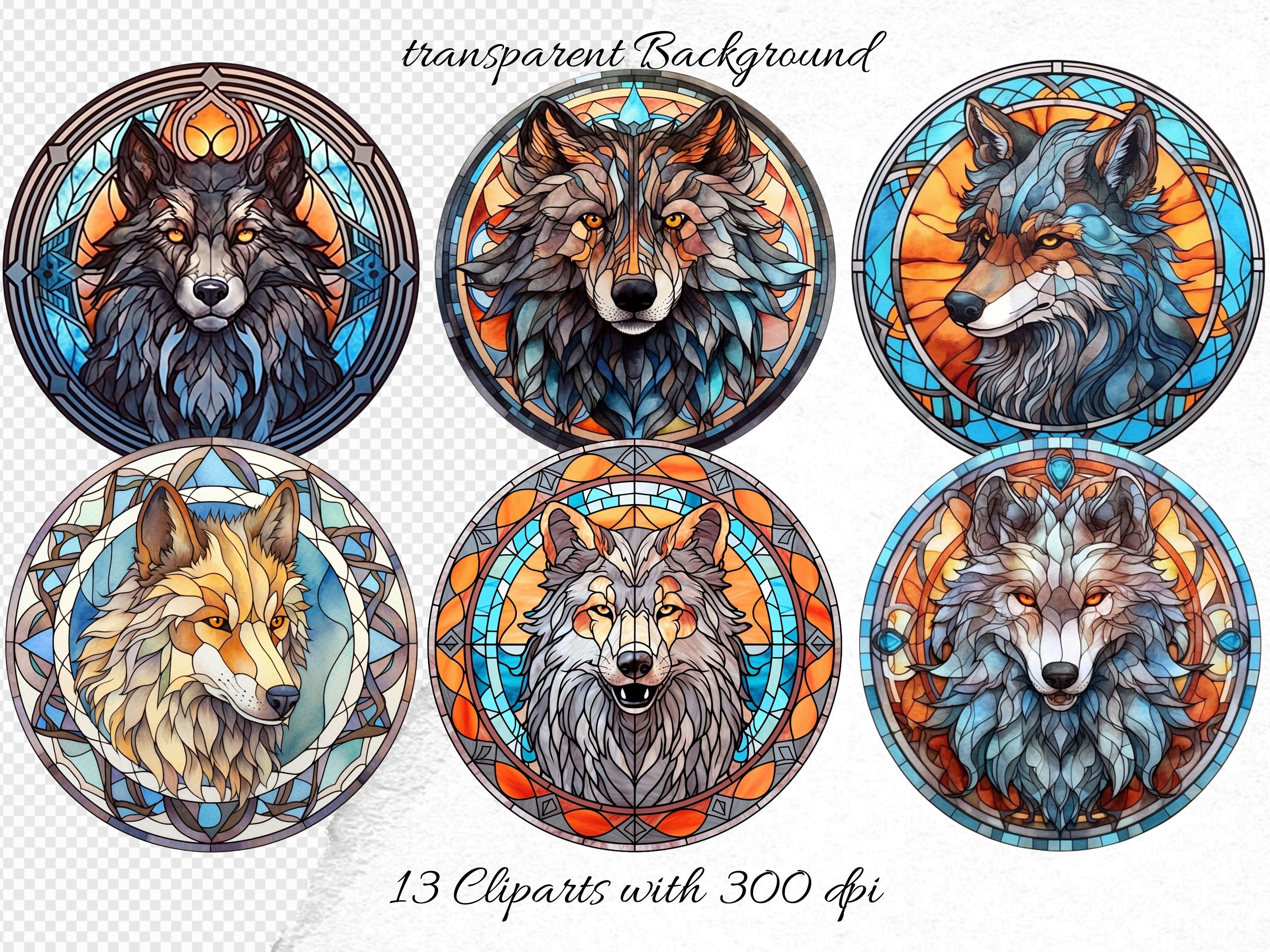 Stained Glass Wolf , Window Watercolor Clipart Bundle - Digital ...