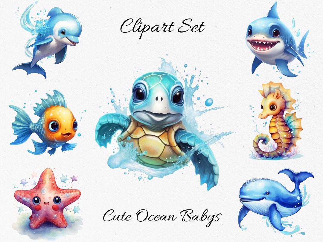 Cute Ocean Babies, Ocean Wildlife, Animals Watercolor Clipart Bundle ...