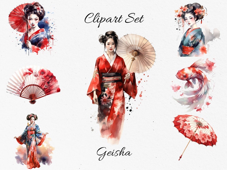 Geisha, Japan Watercolor Clipart Bundle - Digital Download, Scrapbook ...