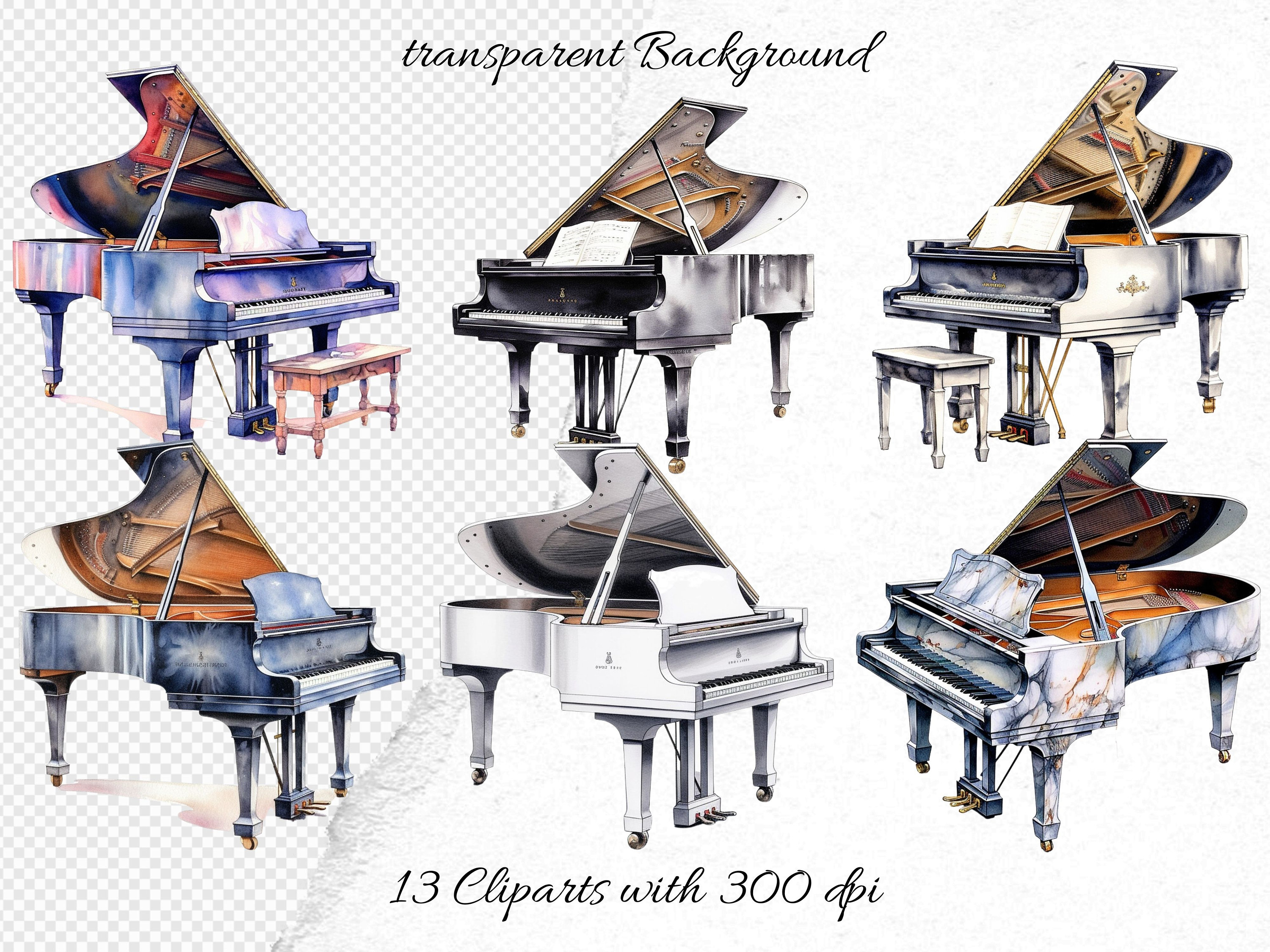 Piano, Music Watercolor Clipart Bundle Digital Download, Scrapbook Pngs ...
