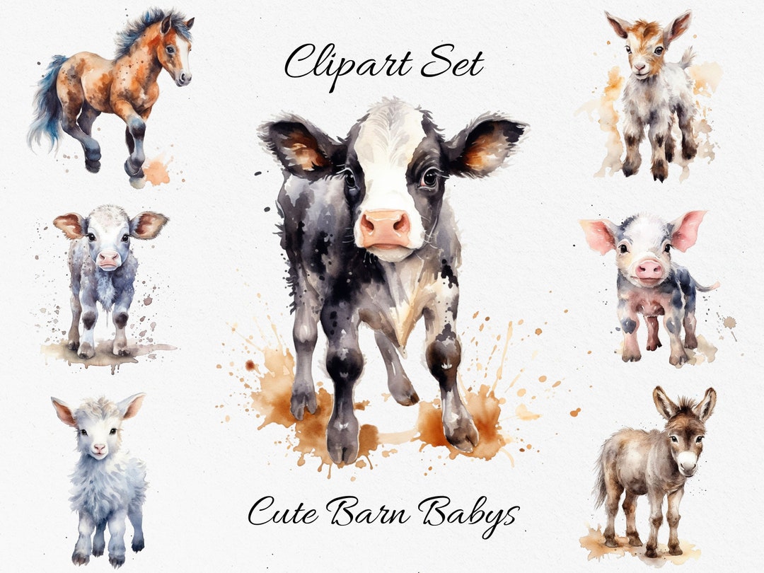 Cute Barn Baby Animals, Farm Animals Watercolor Clipart Bundle Digital ...