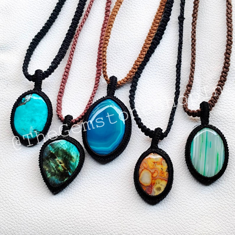 Macrame Gemstone Pendant Lot, Mix Cabochon, Natural Stone, Boho Style ...