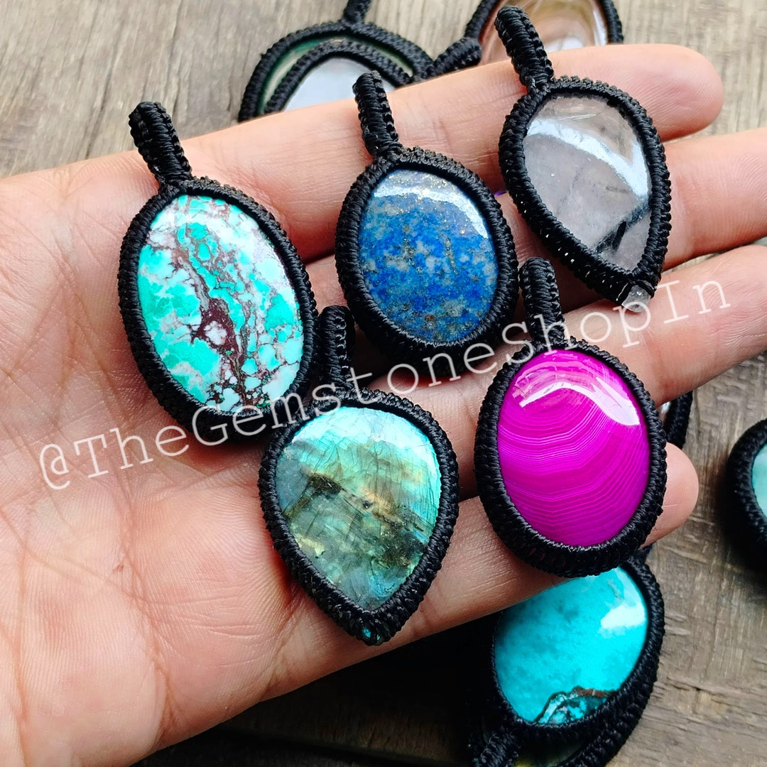 Macrame Gemstone Pendant Lot, Mix Cabochon, Natural Stone, Boho Style ...