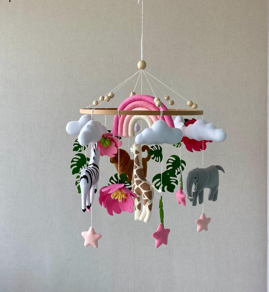 Safari Girl Nursery Mobile, Flowers Crib Mobile for a Girl, Pink Crib ...