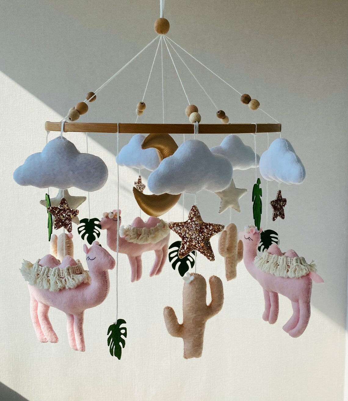 Hanging Nursery Decor for Girl, Baby Mobile With Pink Camels in the ...