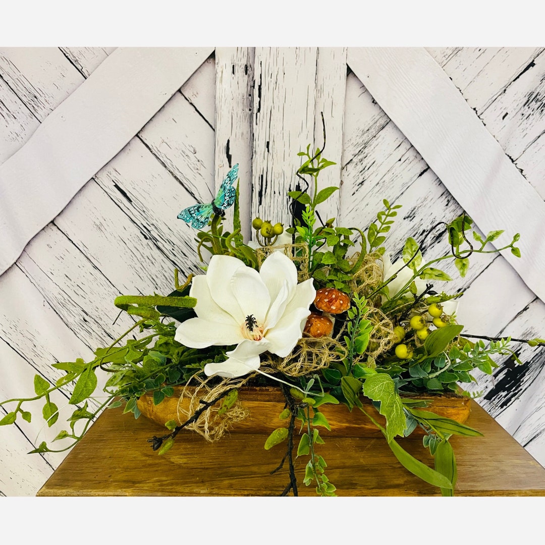 Summer Magnolia Centerpiece, Rustic Table Decor, Farmhouse Mantel Decor ...