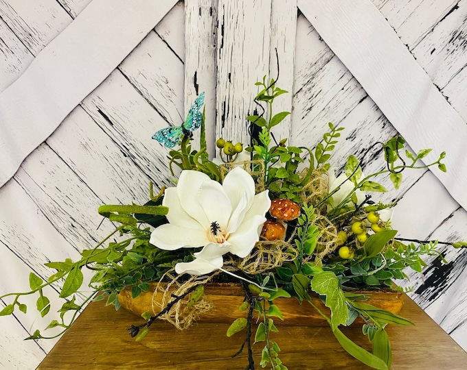 Summer Magnolia Centerpiece, Rustic Table Decor, Farmhouse Mantel Decor ...
