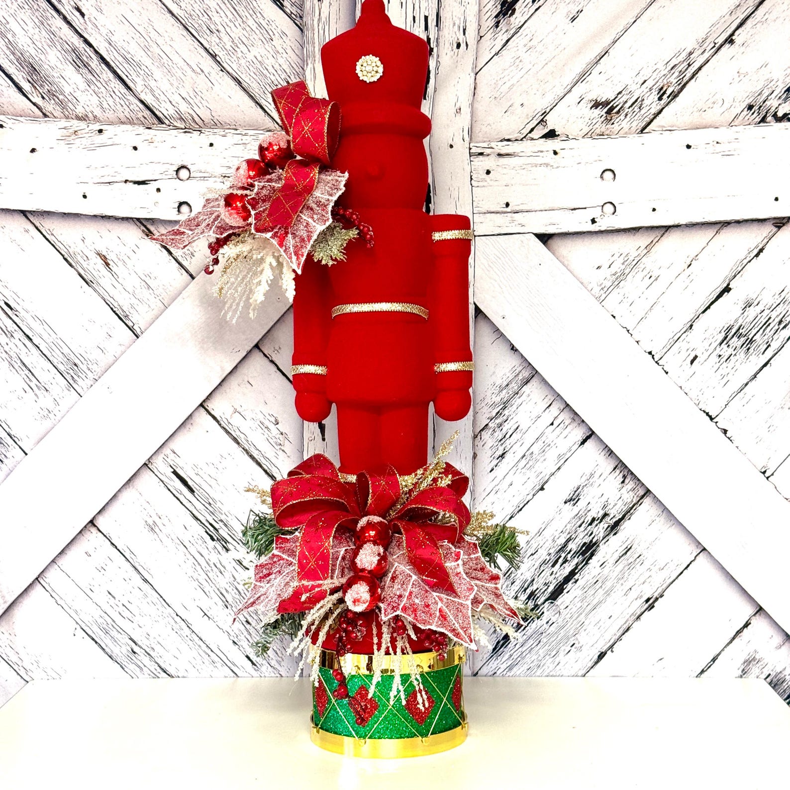 Nutcracker Drum Centerpiece, Red Flocked Nutcracker Table Decor ...