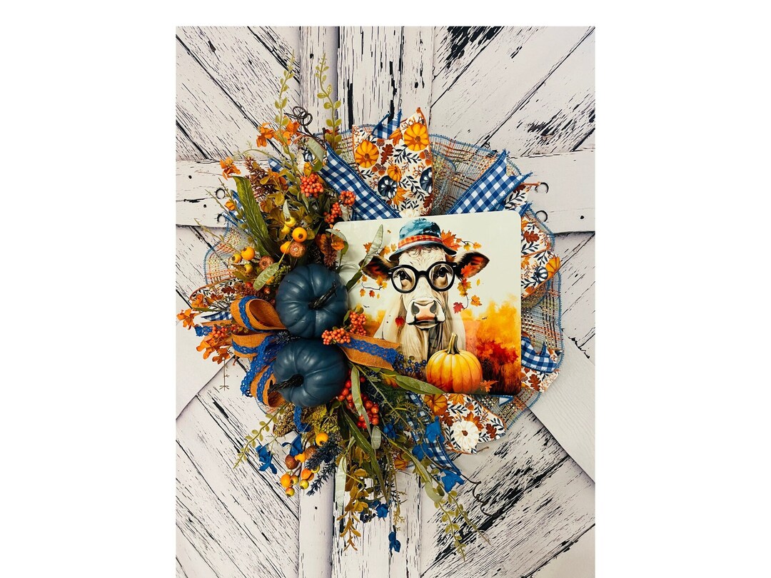 Fall Cow Wreath, Autumn Cow Door Decor, Cow Decor, Harvest Cow Wreath ...