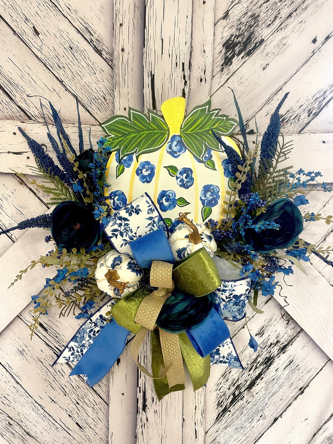 Blue and White Fall Wreath, Elegant Handpainted Wood Pumpkin Wreath ...