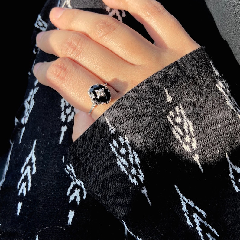 Vintage Black Onyx Ring: 925 Sterling Silver, Cubic Zirconia Center - Etsy