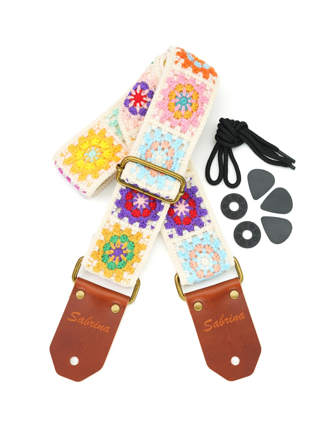 Personalized Crochet Guitar Strap With Leather Ends | Custom Gift for ...