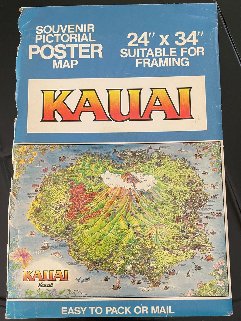 Island of Kauai Pictorial Poster Map. Vintage Art - Etsy