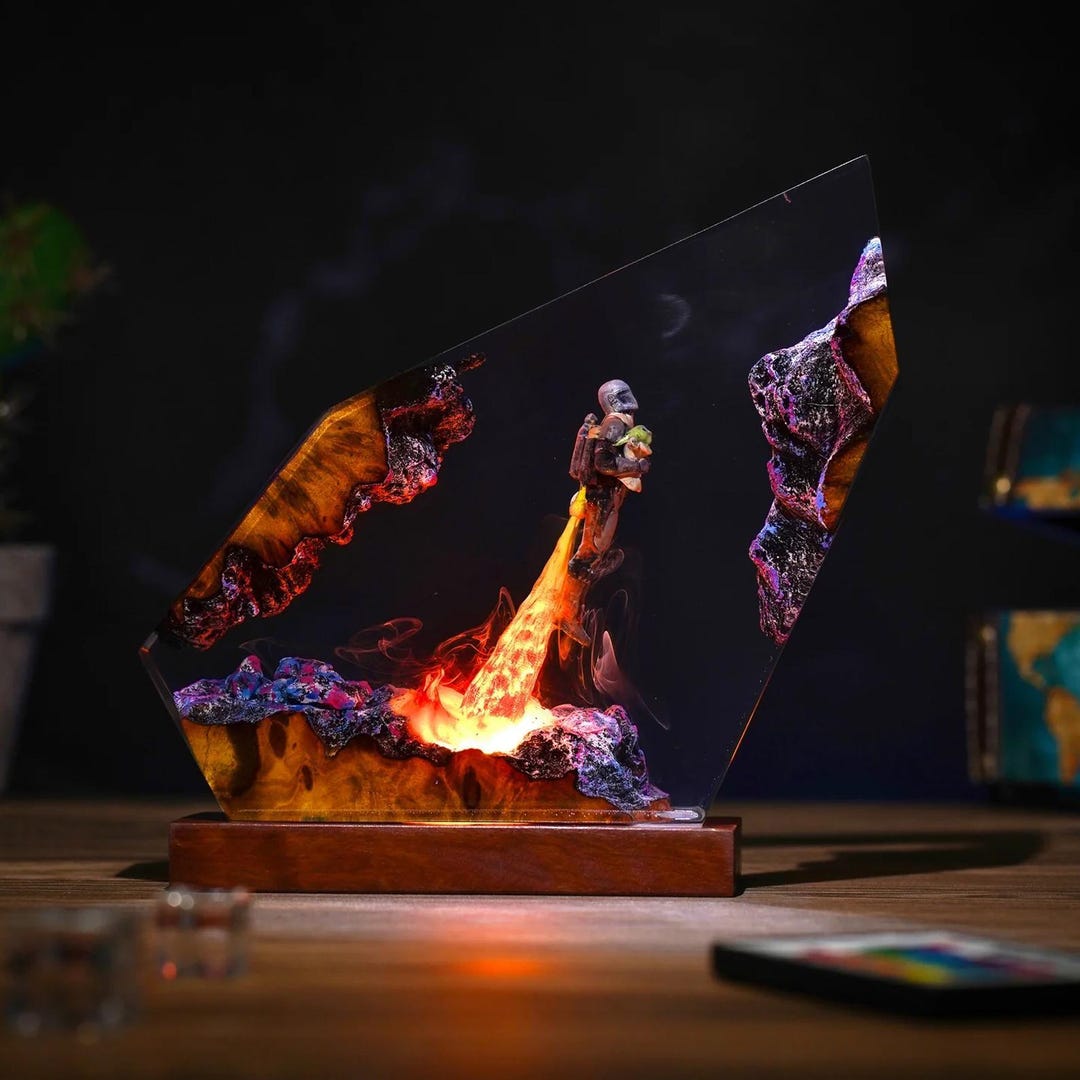 Mandalorian & Grogu Flying Resin Lamp, Star Wars Handmade Decor, Unique ...