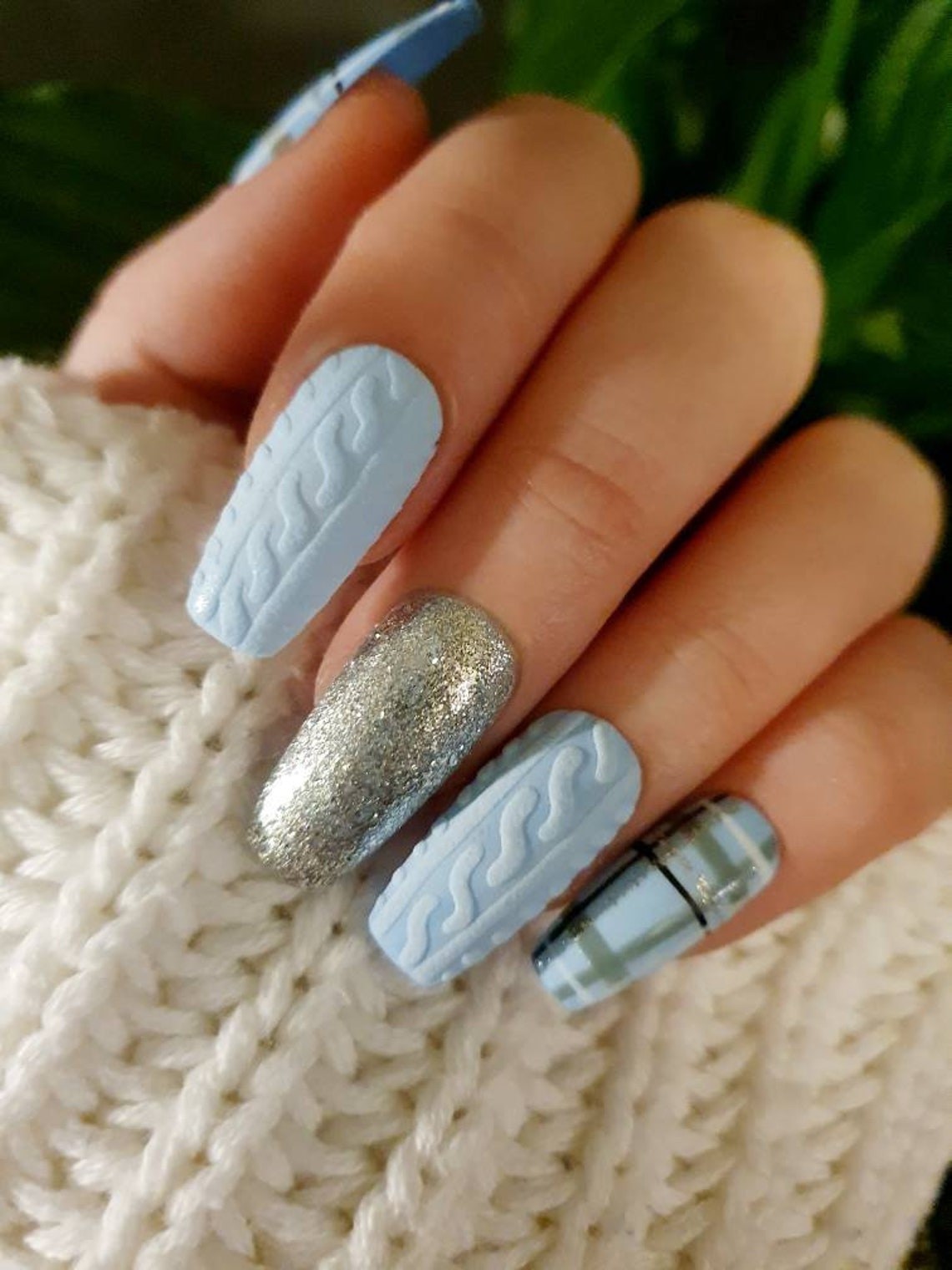 Sweater Weather Press on Gel Nails in Ice Blue Cable Knit - Etsy