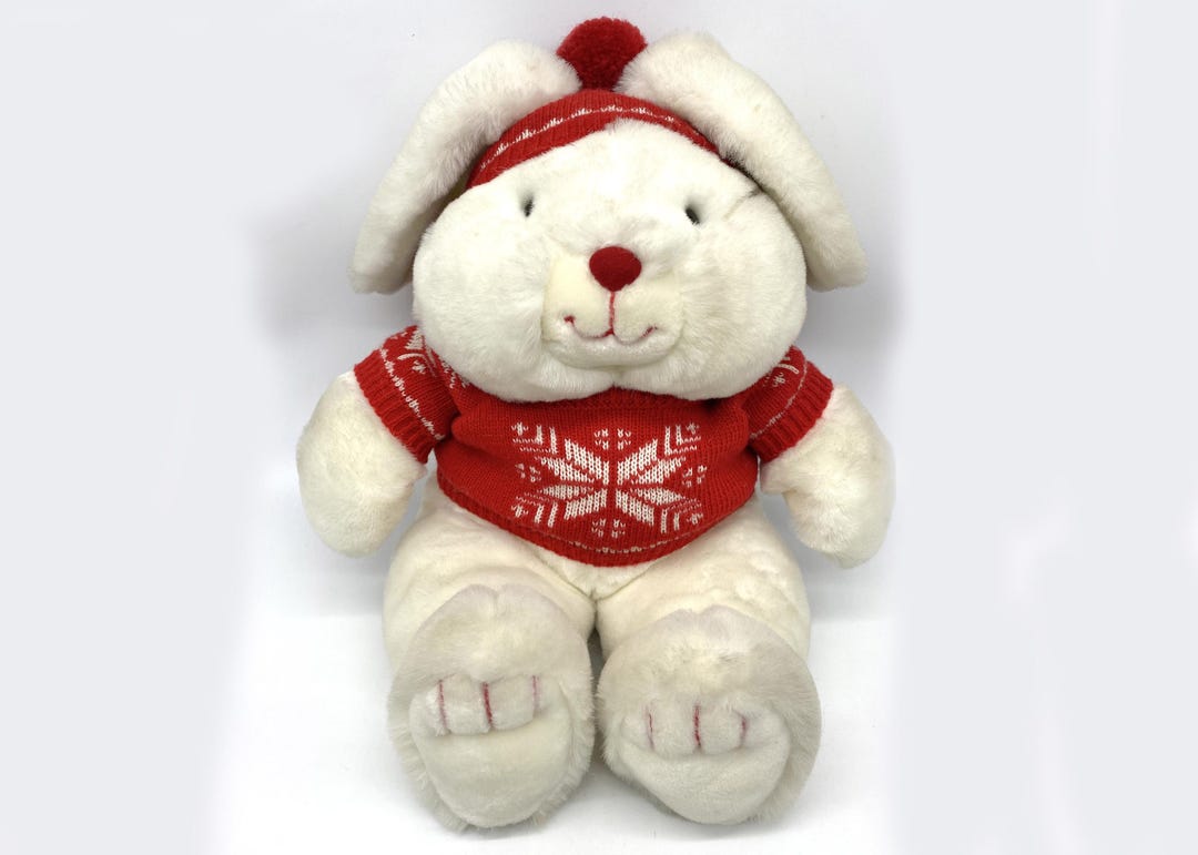 Vintage Mervyn Christmas Bunny Plush With Sweater and Hat From 1987 - Etsy