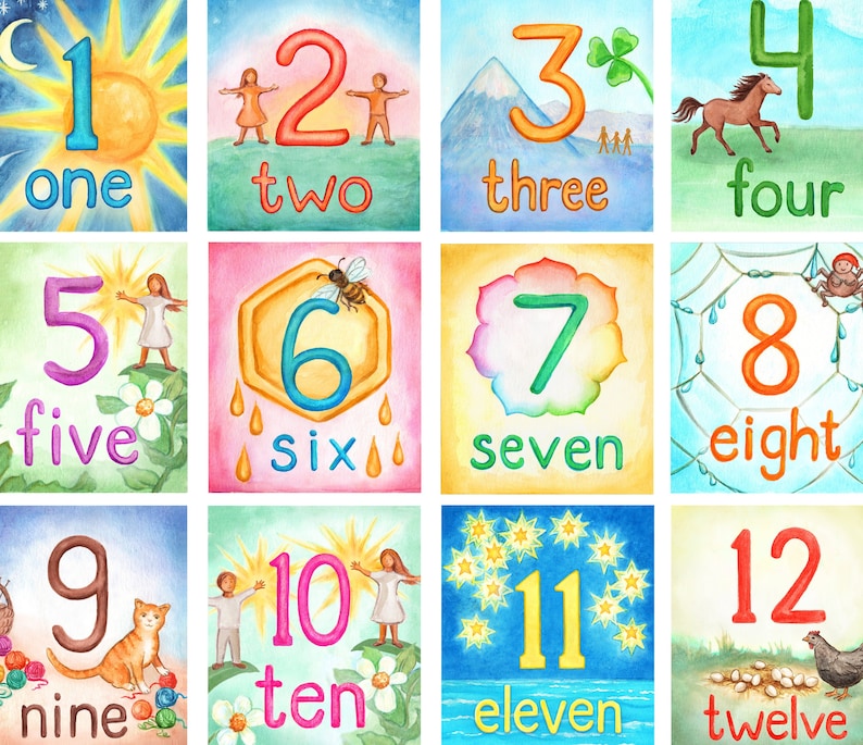 Number Cards / Waldorf Cards / Watercolor / Homeschool/ Classroom ...
