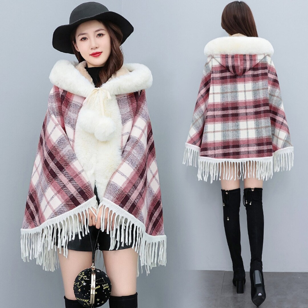 Winter Hooded Cloak, Red Cape Coat, Poncho, Cardigans, Fur Collar Cloak ...