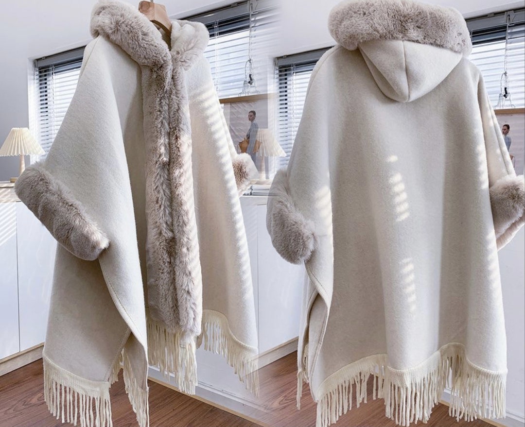 White Fur Cape Coat, Hooded Cloak, Long Poncho Jackets, Womens Cape ...