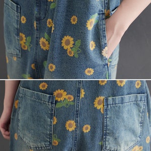 Women Denim Overalls, Sunflower Print Jumpsuits, Loose Wide Leg Pants ...