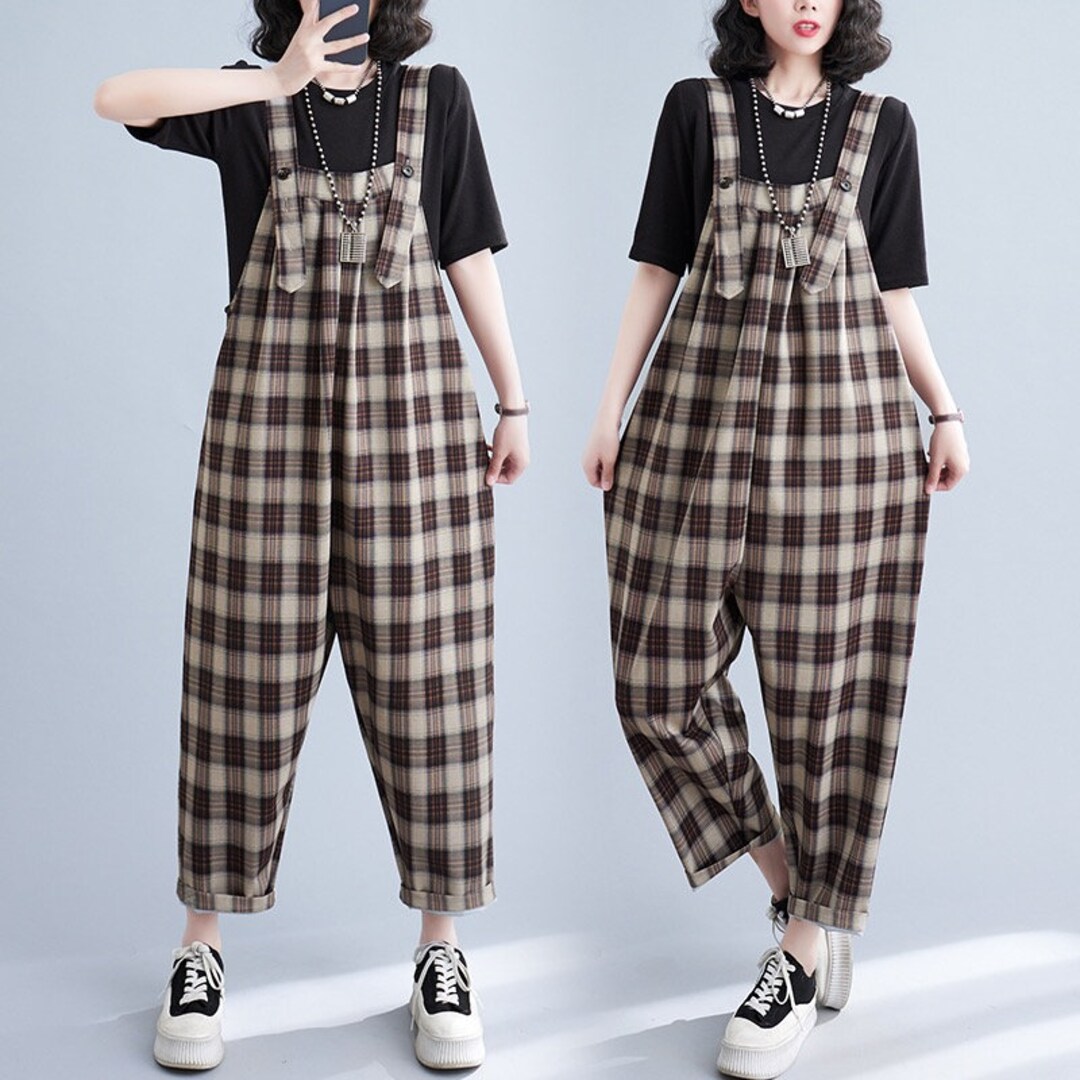 Square Grid Overalls, Oversized Baggy Ladies Pants, Wide Streetwear Leg ...