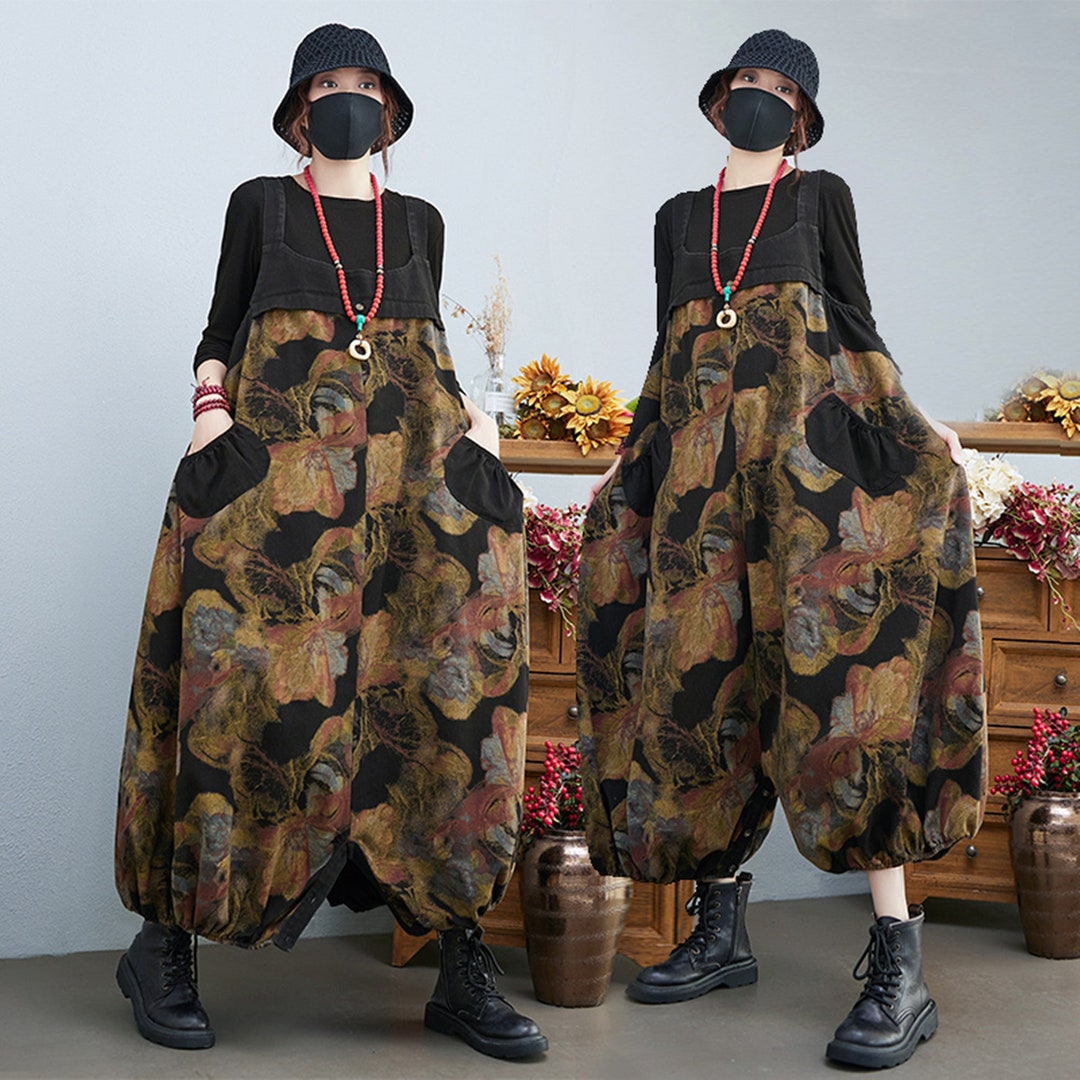 Vintage Printed Overalls, Woman Plus Size Rompers, Jeans Jumpsuit ...