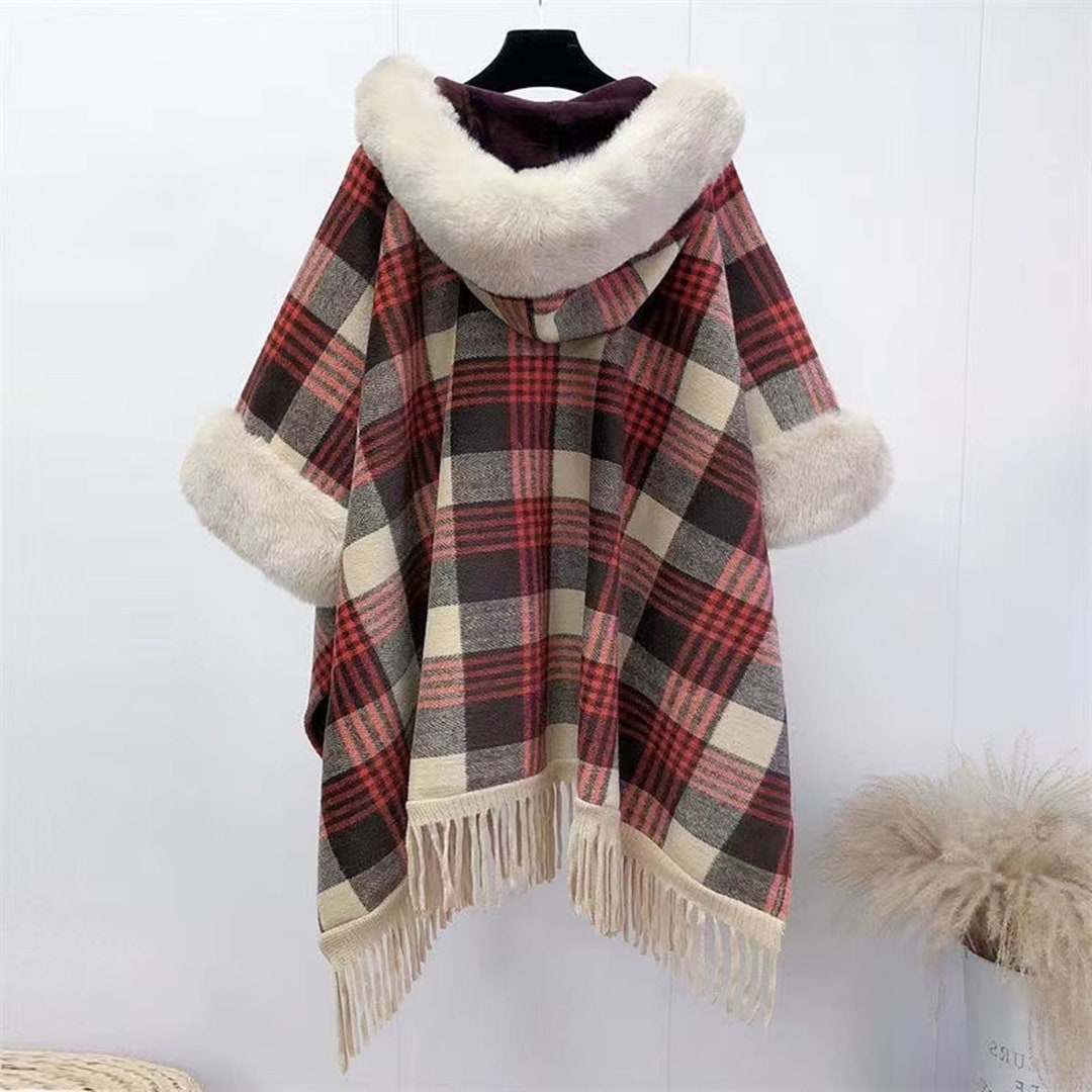 Vintage Plaid Cloak Hooded Cape Coat Red Christmas Poncho - Etsy