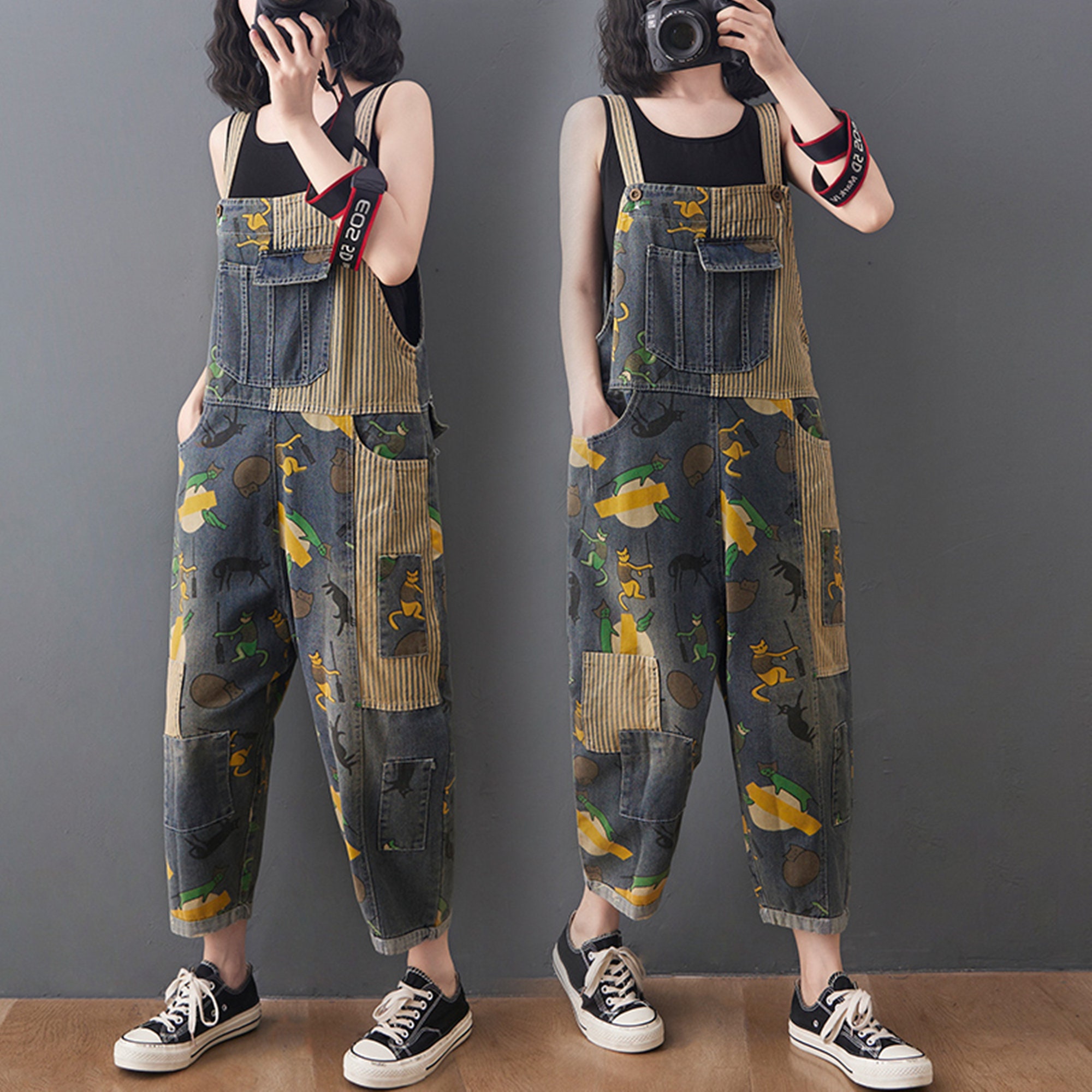 Cartoon Print Jeans Overalls Cute Cat Jumpsuits Women - Etsy