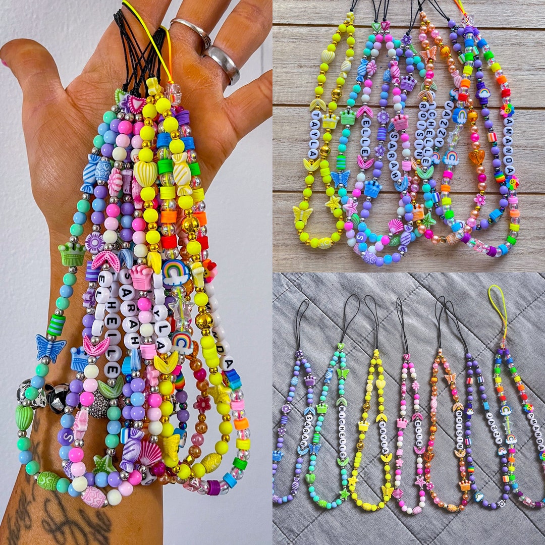 Personalised Beaded Phone Charm Mobile Strap Any Name or Text Any ...